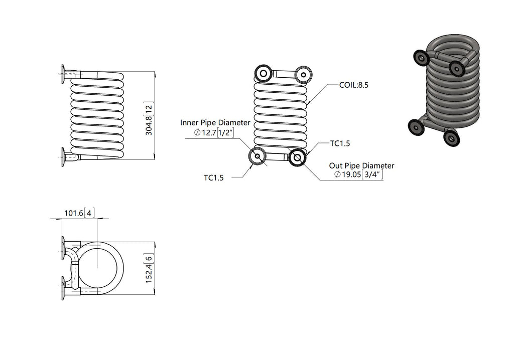 Jacketed Condensing Coil / Wort Chiller, (4) 1.5" Tri Clamp Ports, 1/2 ...