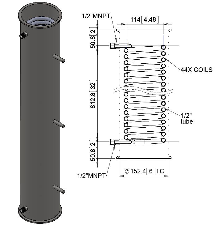 6" Tri Clamp Spool 36" Length with Cooling Coil, (2)1/2" MNPT, (3)1/2 ...